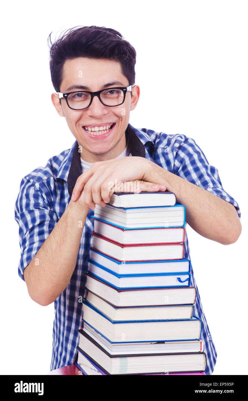 Student with lots of books on white Stock Photo - Alamy