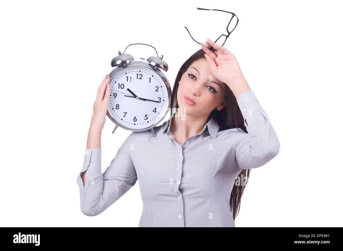 Woman with clock isolated on white Stock Photo - Alamy