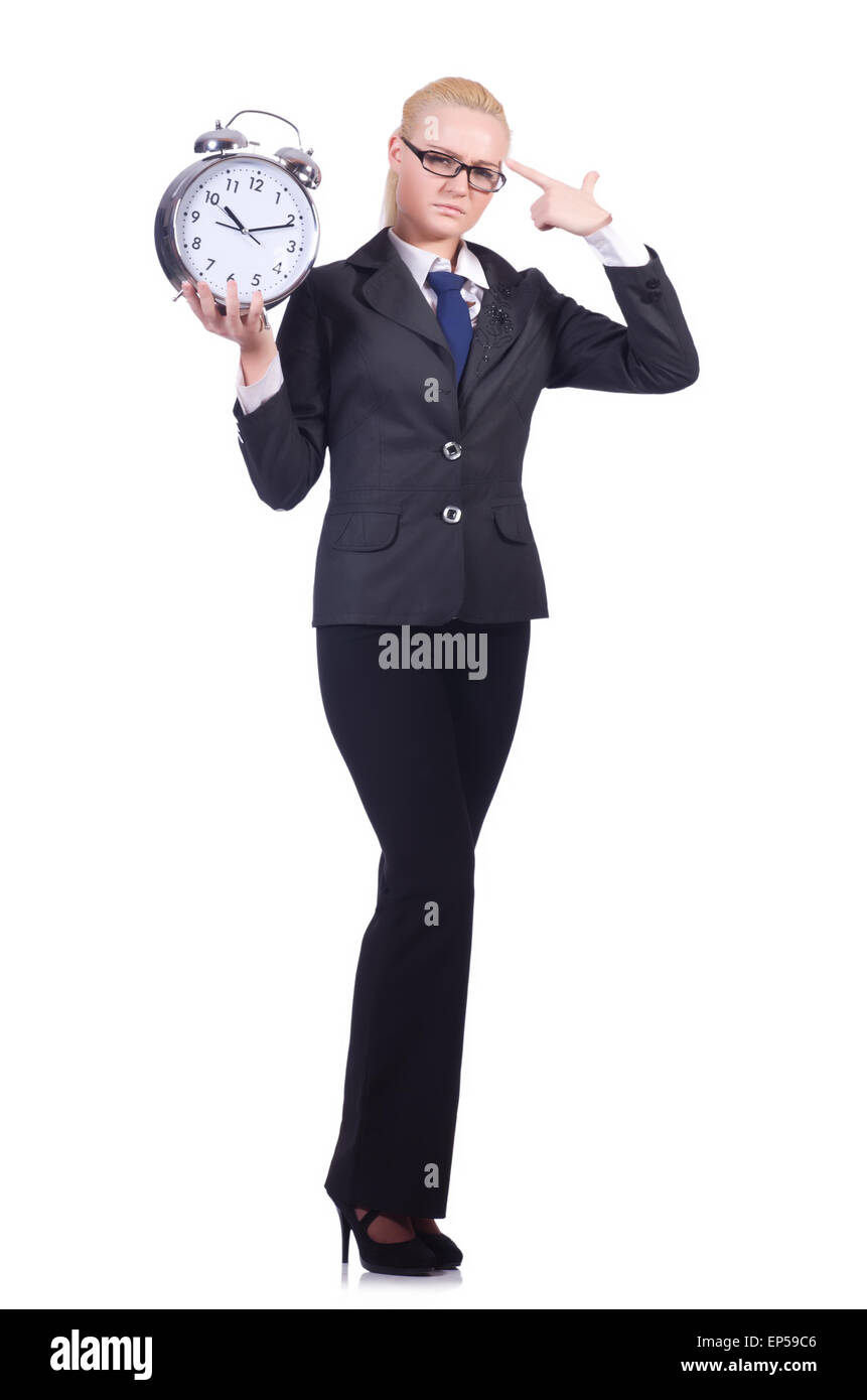 Woman with giant clock on white Stock Photo - Alamy