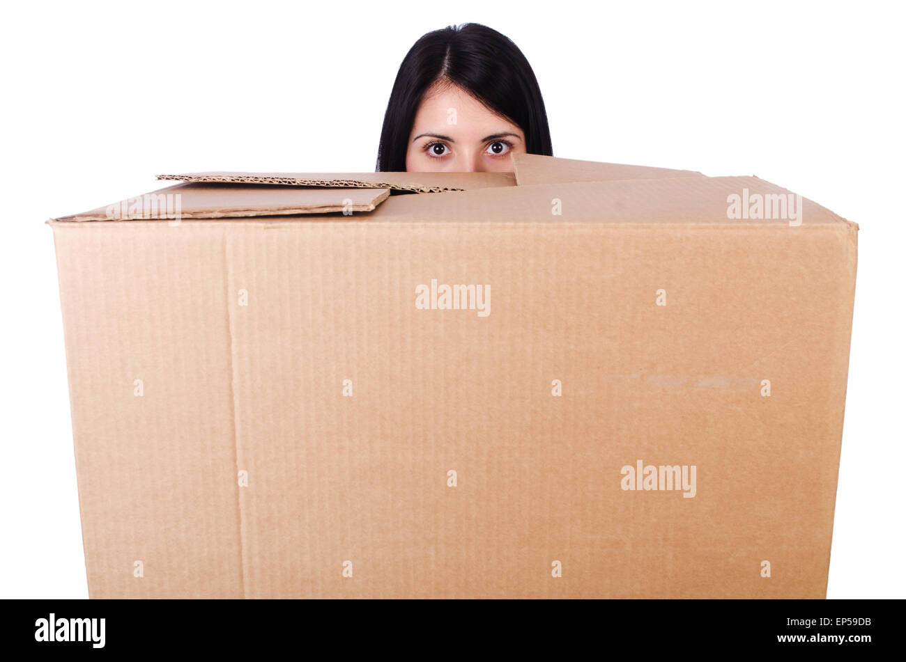 Woman with lots of boxes on white Stock Photo - Alamy