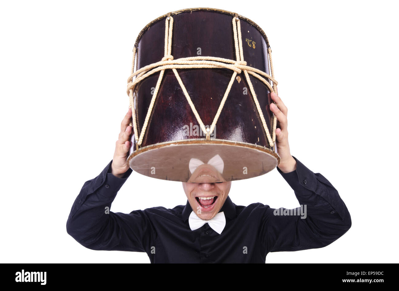 Funny man with drum on white Stock Photo - Alamy