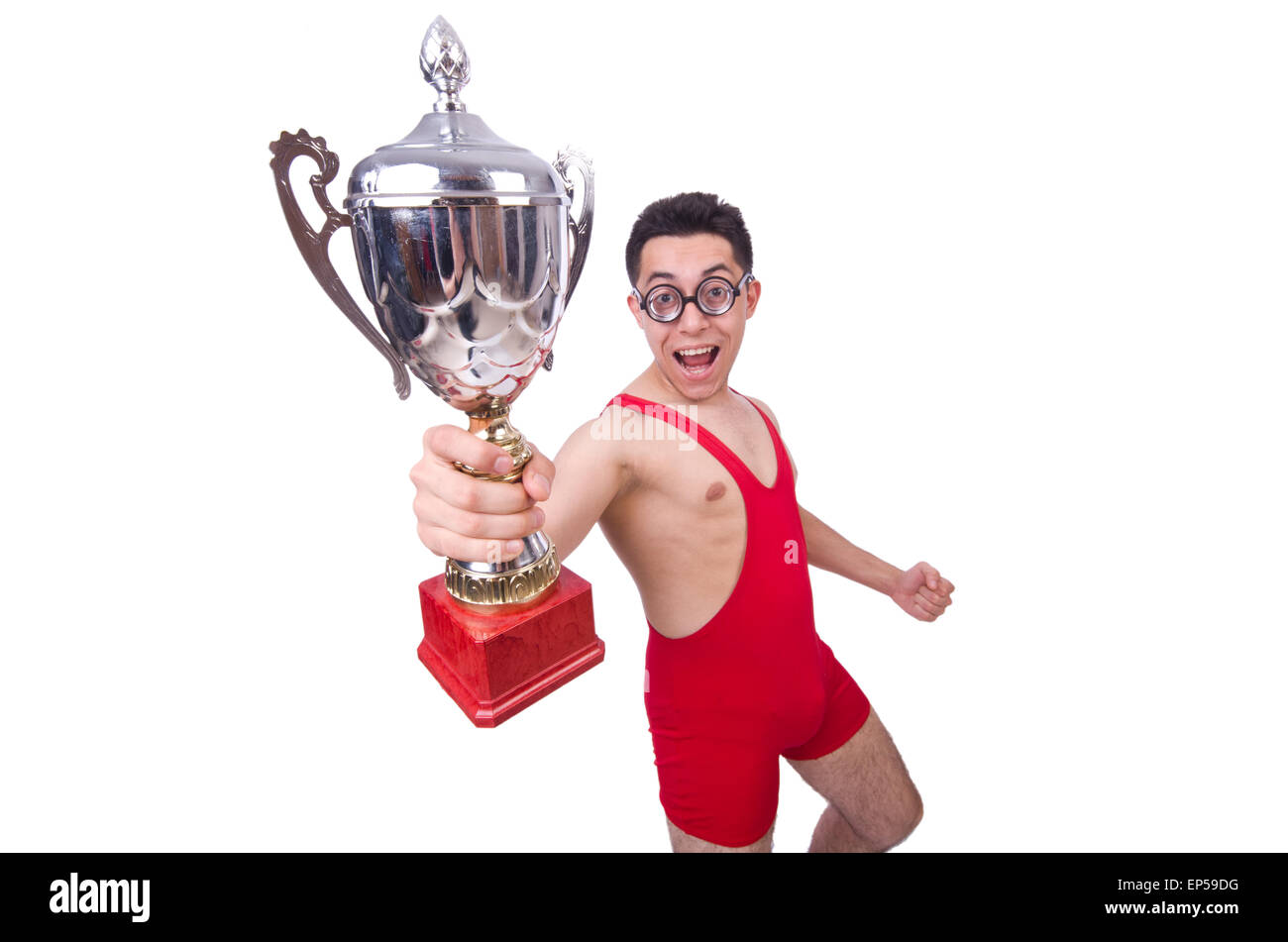 Funny wrestler with winners cup Stock Photo - Alamy