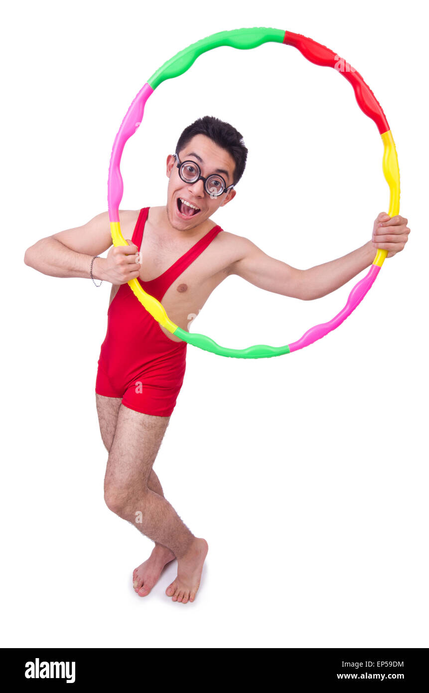 Funny sportsman with hula hoop on white Stock Photo - Alamy