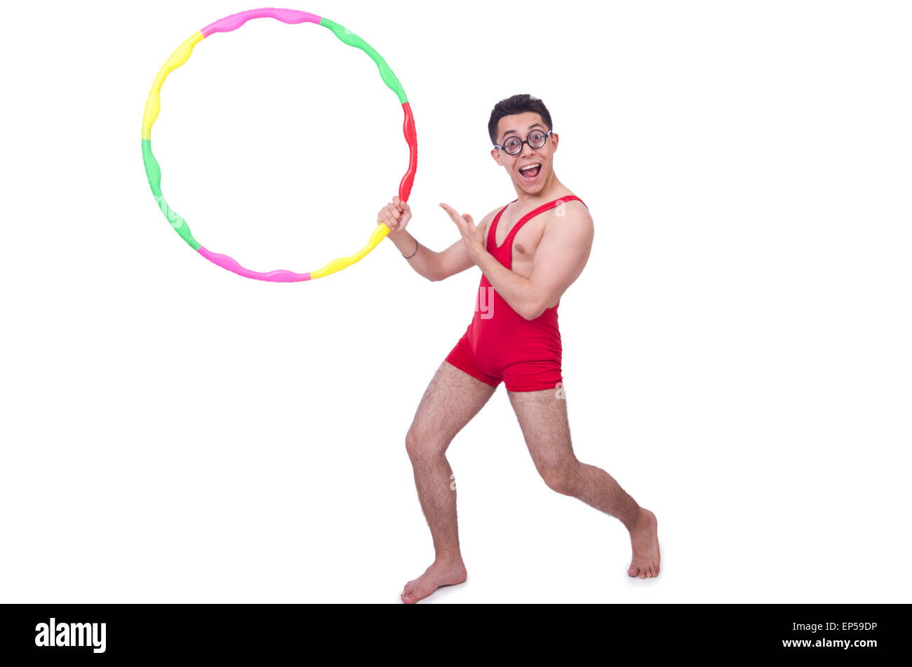 Funny sportsman with hula hoop on white Stock Photo - Alamy