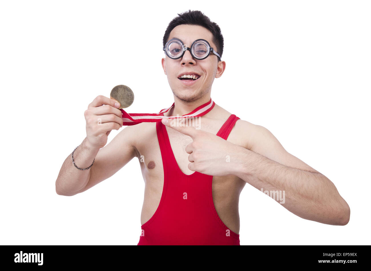 Funny wrestler with winners medal Stock Photo - Alamy