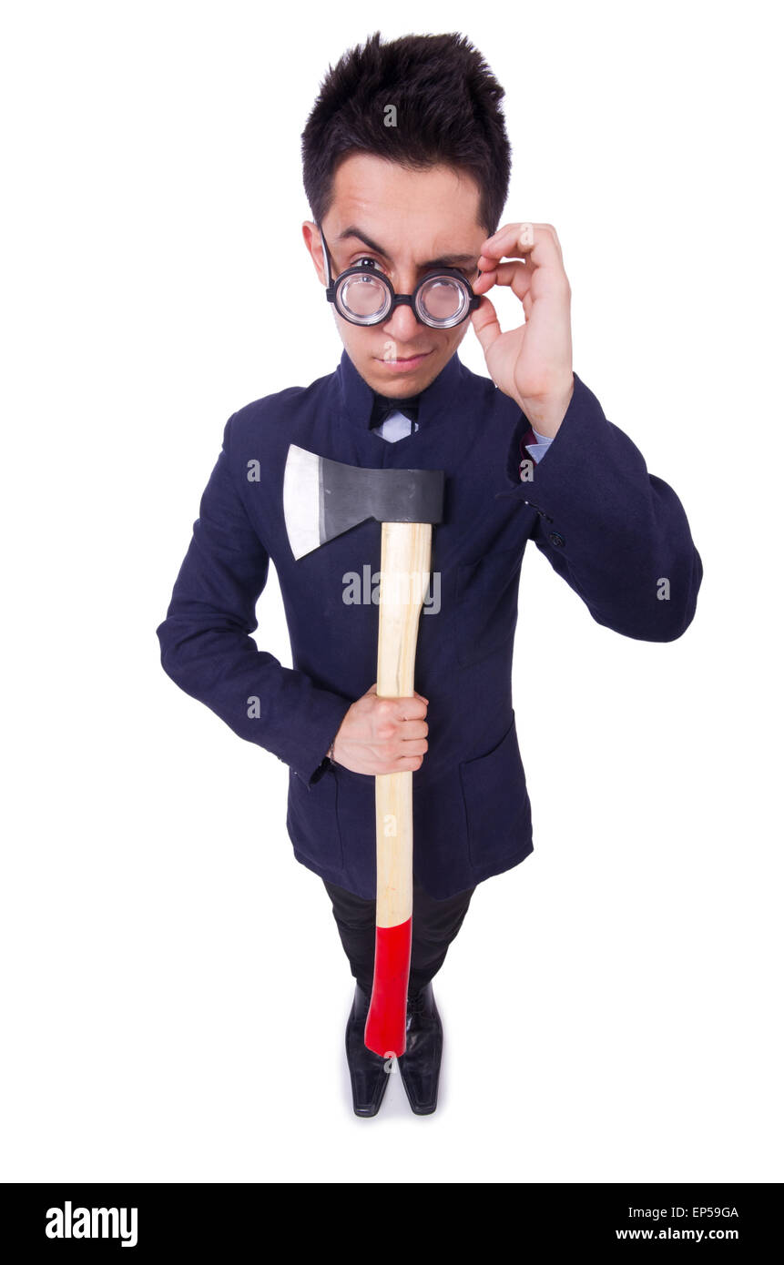 Funny man with axe on white Stock Photo - Alamy