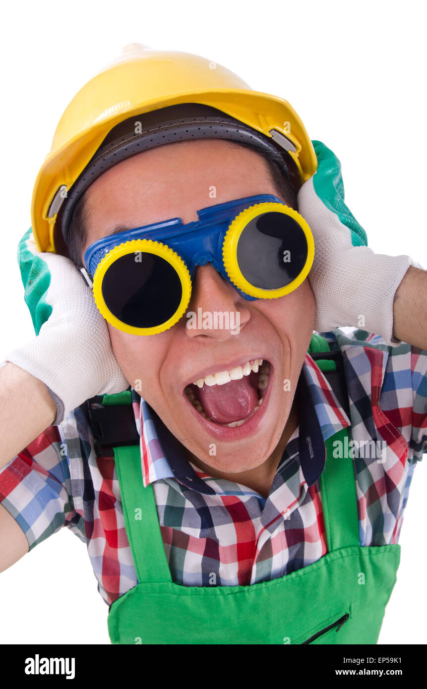 Funny construction worker isolated on white Stock Photo - Alamy