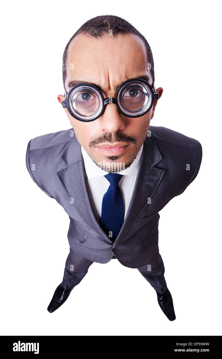 Funny nerd businessman isolated on white Stock Photo - Alamy