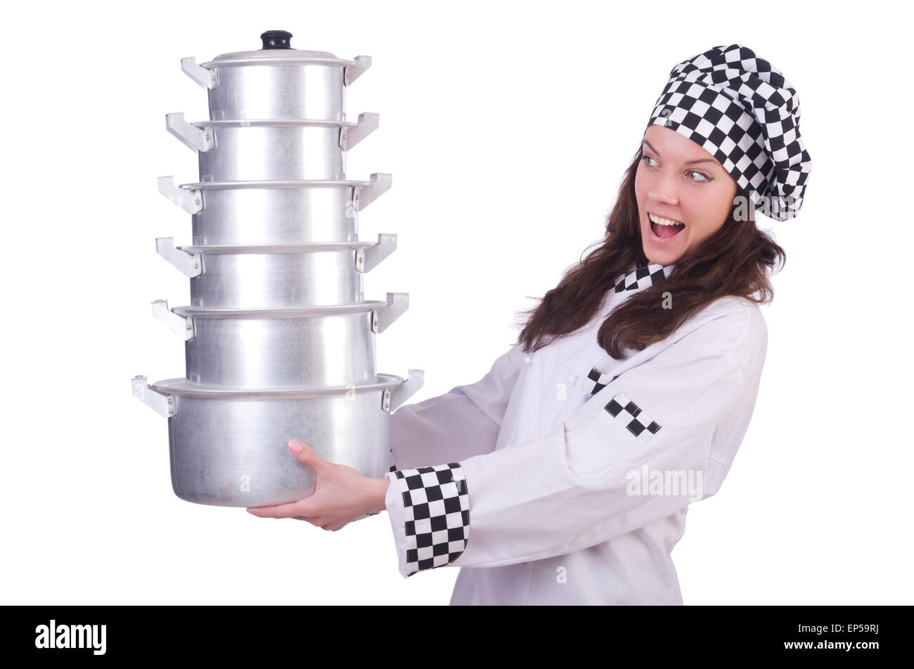 Cook with stack of pots on white Stock Photo - Alamy