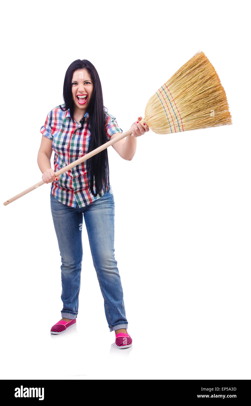 Young woman with broom isolated on white Stock Photo - Alamy