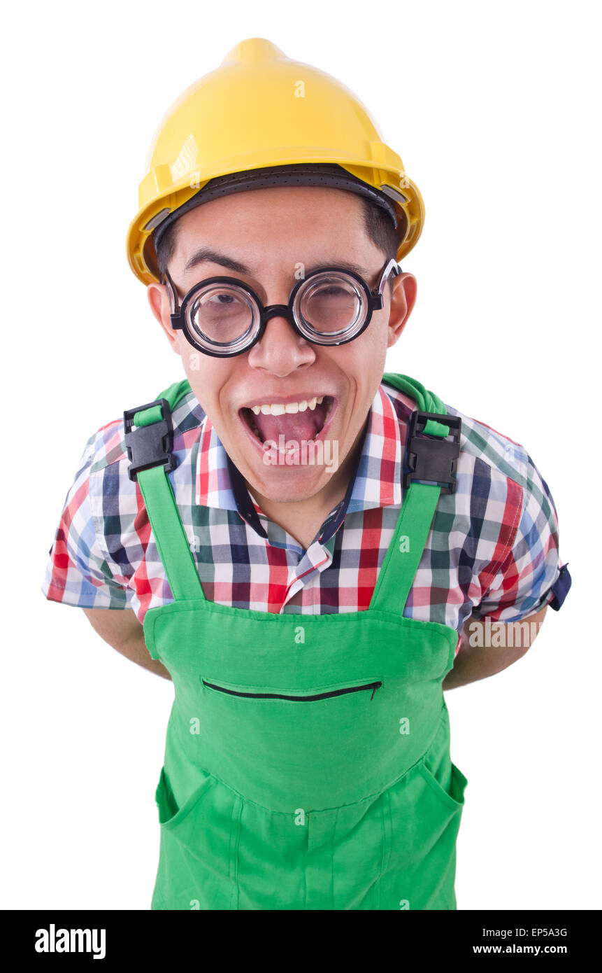 Funny construction worker isolated on white Stock Photo - Alamy