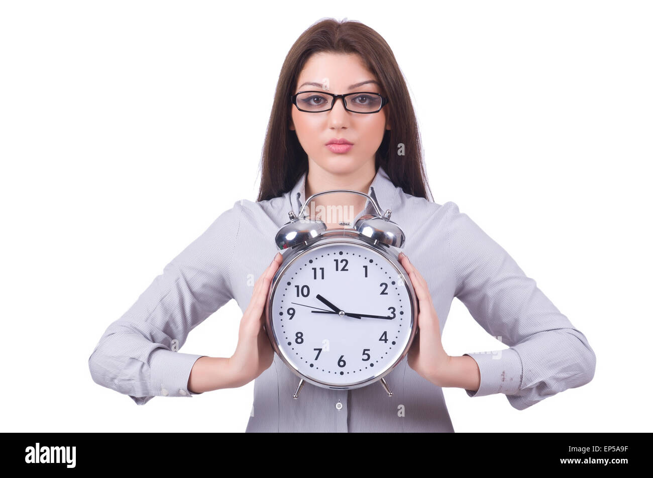 Woman with clock isolated on white Stock Photo - Alamy