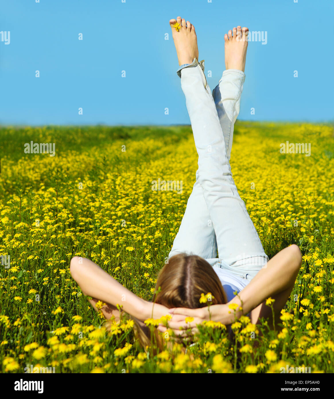Adult Laying On Yellow Flowers High Resolution Stock Photography and ...