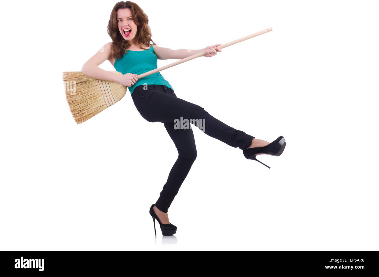 Young woman with broom isolated on white Stock Photo - Alamy