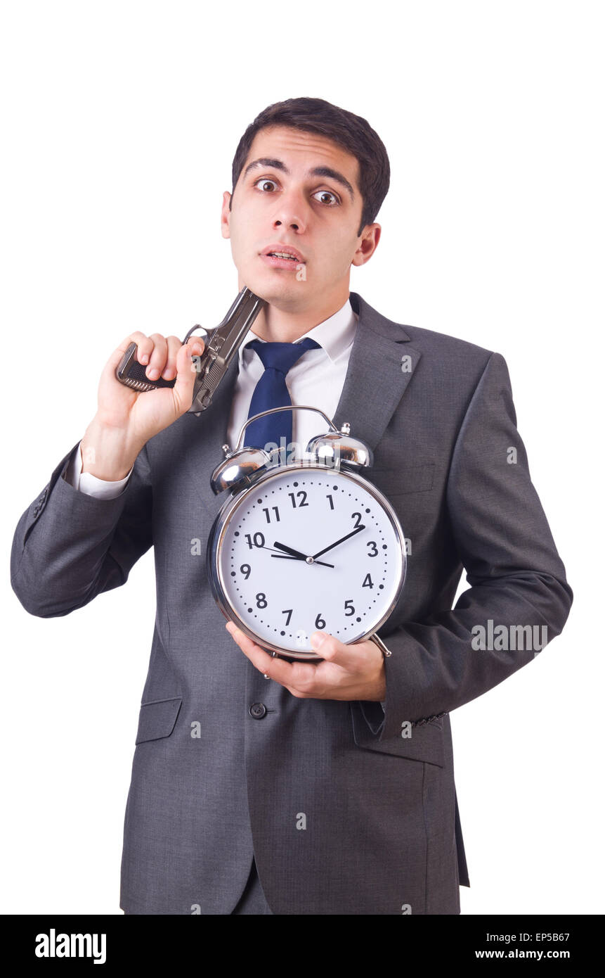 Man with gun and clock on white Stock Photo - Alamy