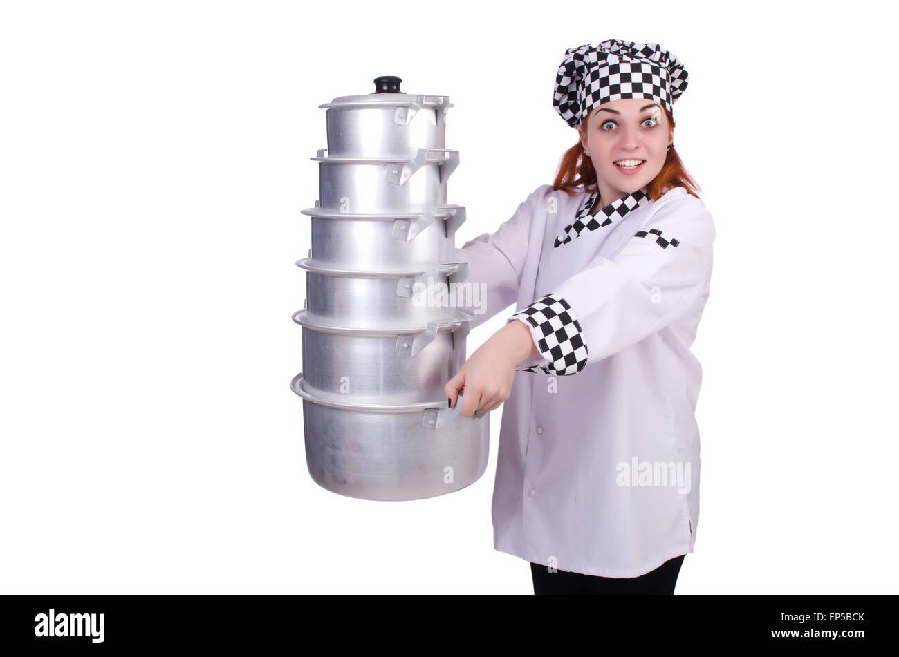 Cook with stack of pots on white Stock Photo - Alamy