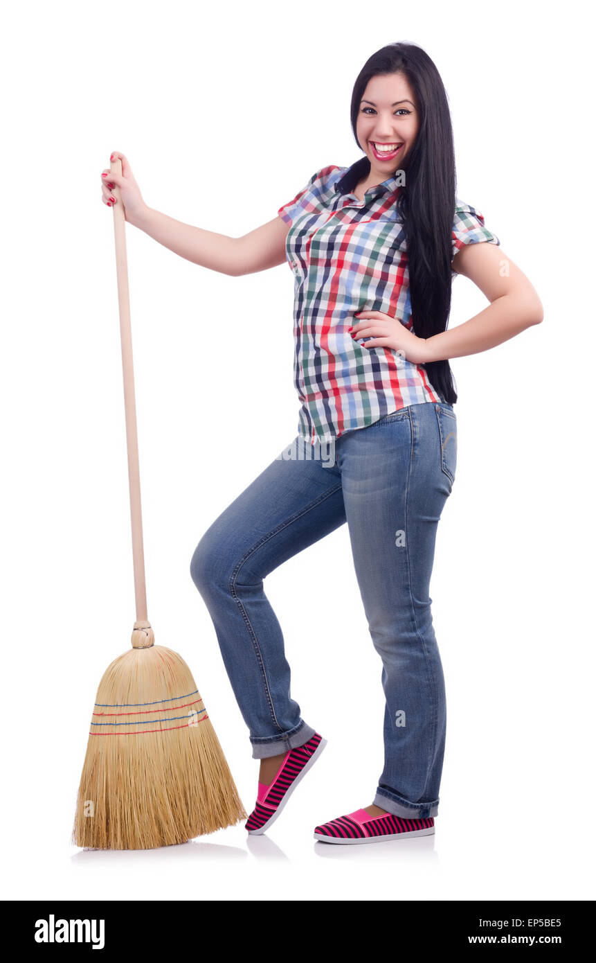 Young woman with broom isolated on white Stock Photo - Alamy