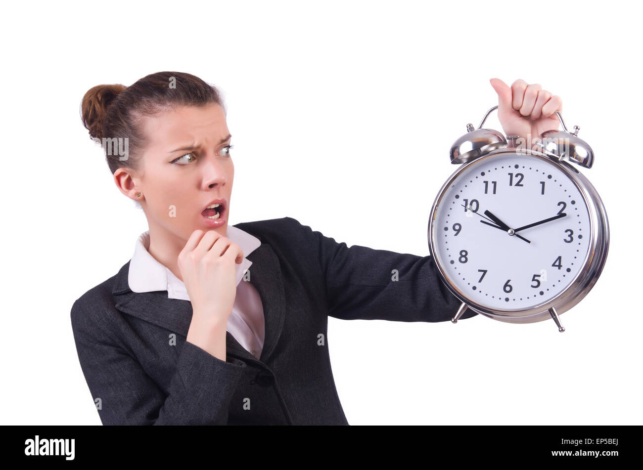 Woman with giant clock on white Stock Photo - Alamy