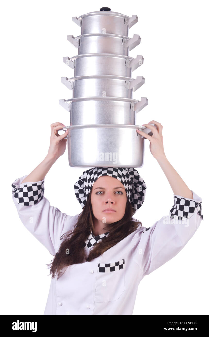 Cook with stack of pots on white Stock Photo - Alamy