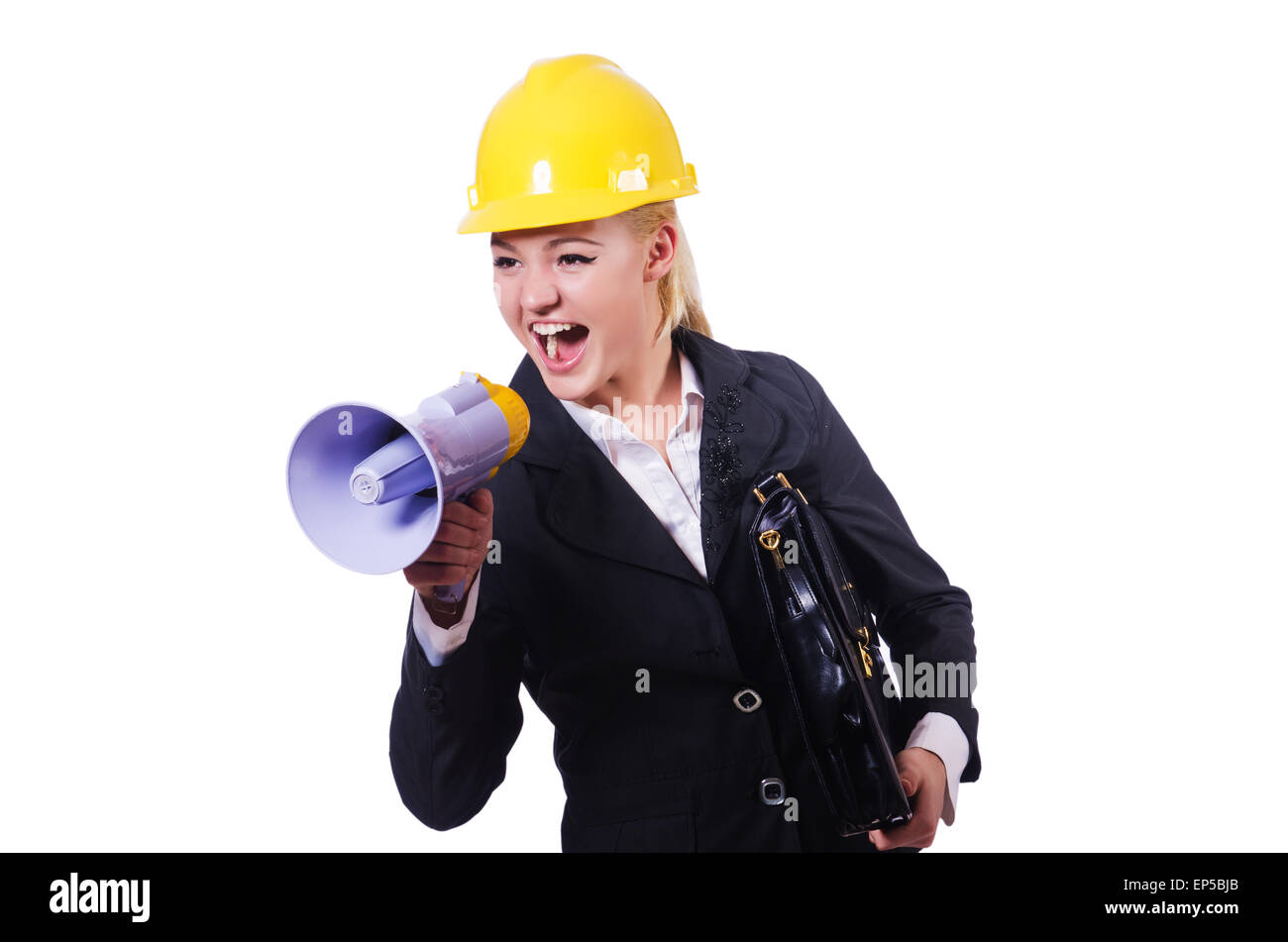 Female construction worker with loudspeaker Stock Photo - Alamy