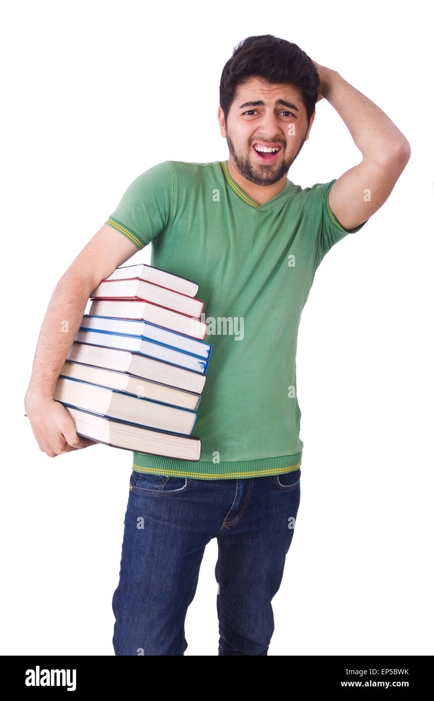 Student with lots of books on white Stock Photo - Alamy