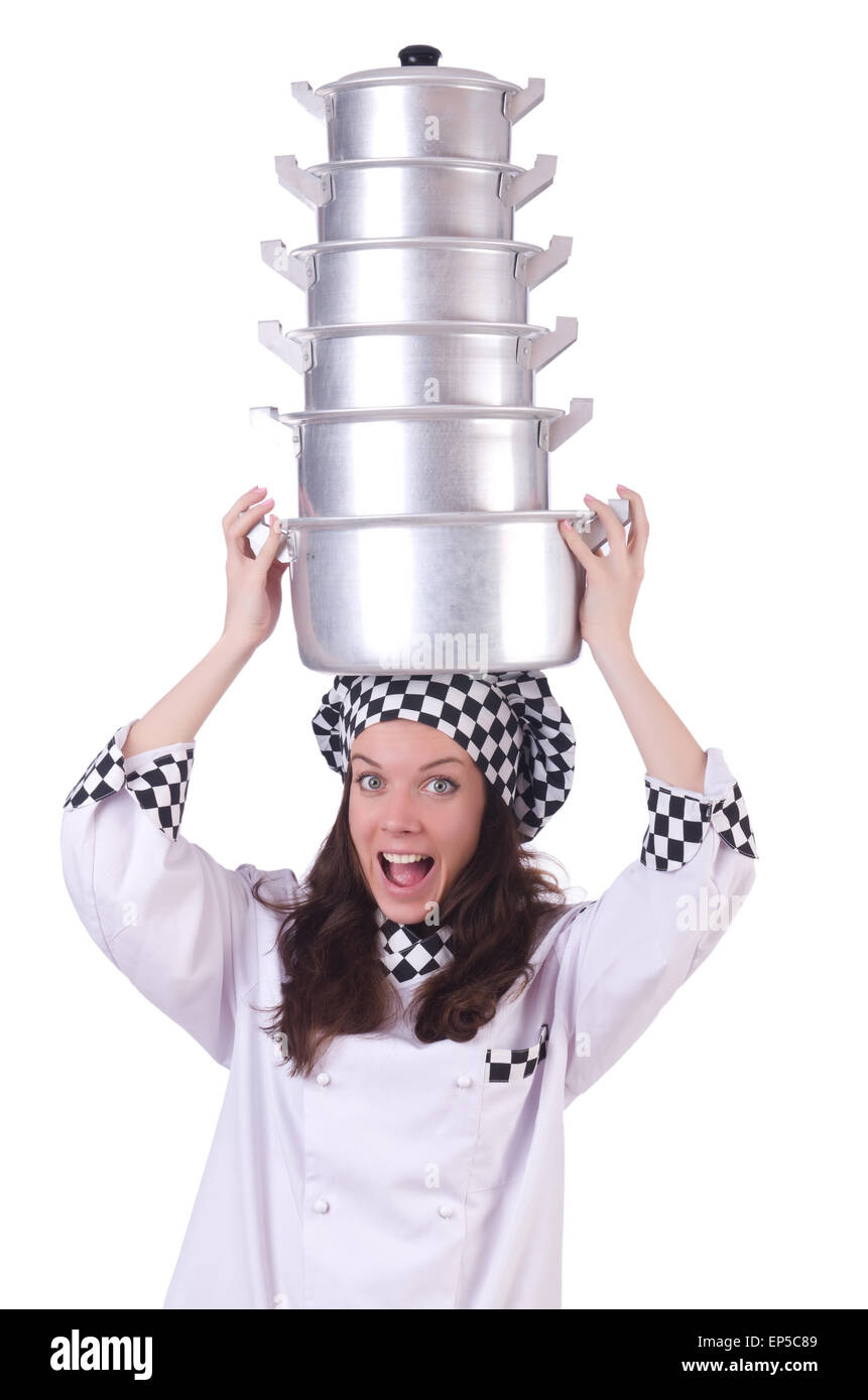 Cook with stack of pots on white Stock Photo - Alamy