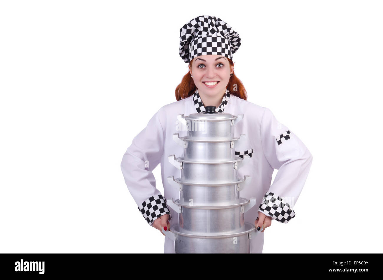 Cook with stack of pots on white Stock Photo - Alamy