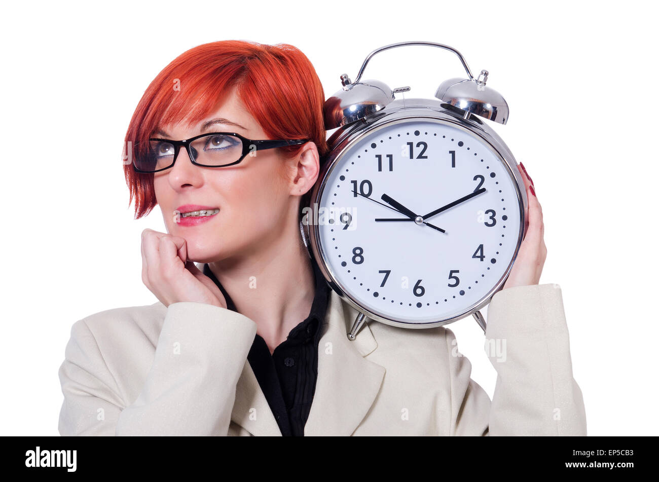 Woman with clock isolated on white Stock Photo - Alamy