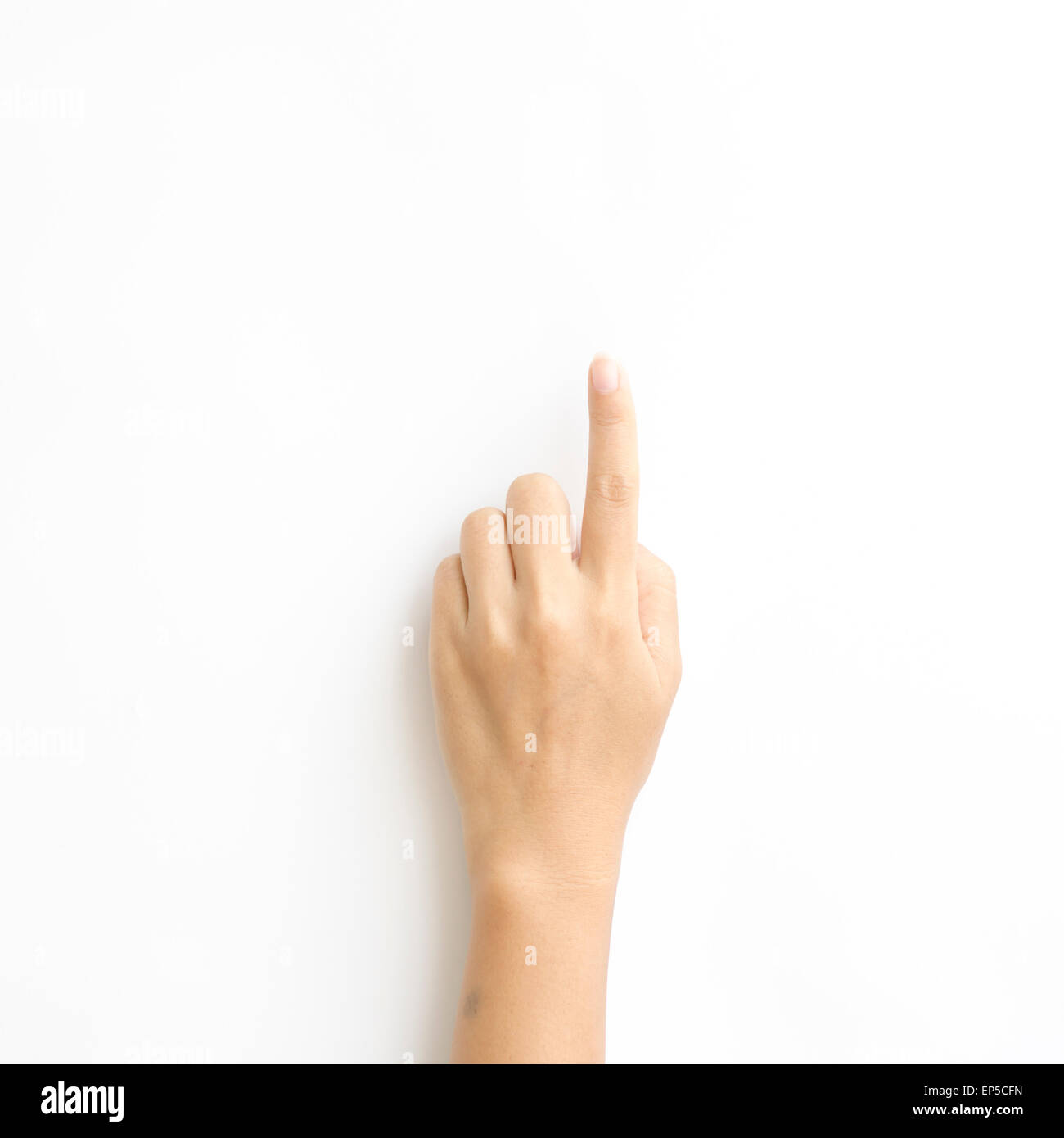 asia woman Hand touching virtual screen on a white background Stock ...