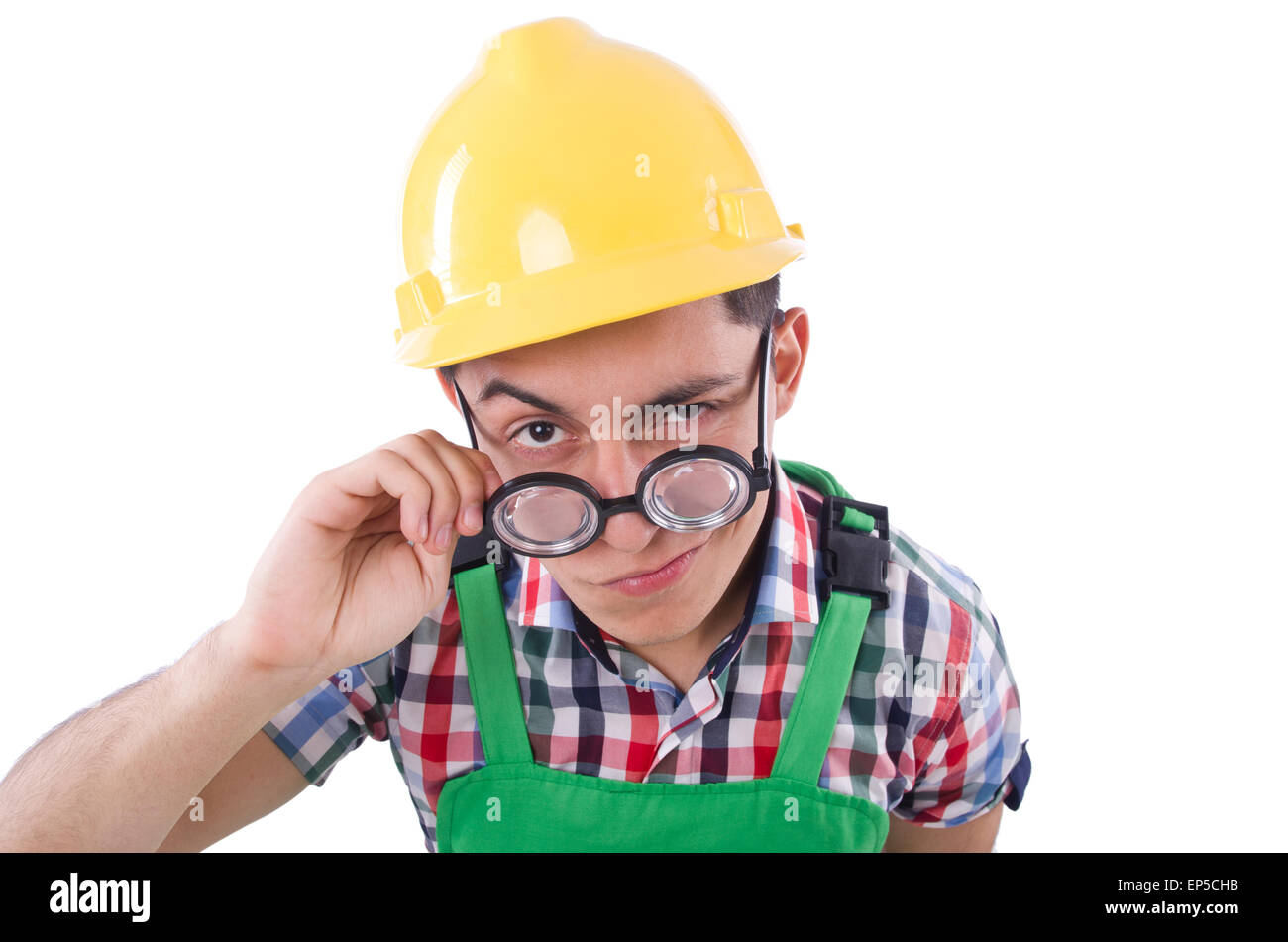 Funny construction worker isolated on white Stock Photo - Alamy
