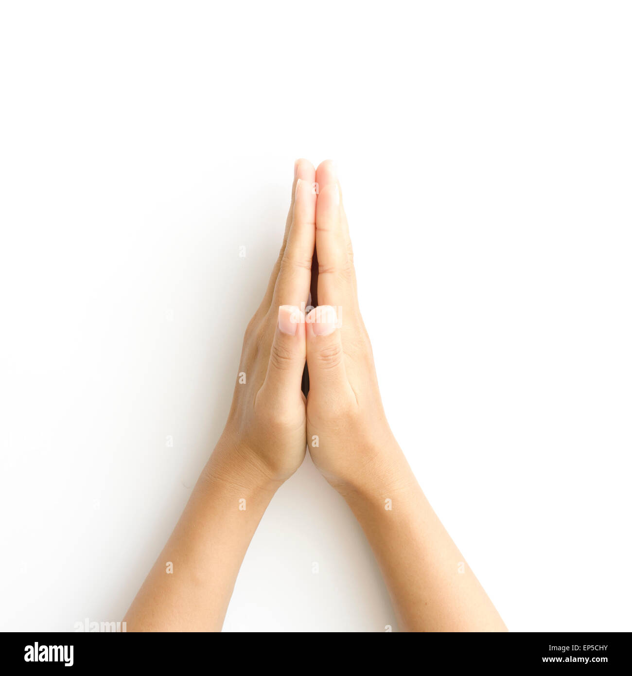 asia woman hands hold sign on a white background Stock Photo - Alamy