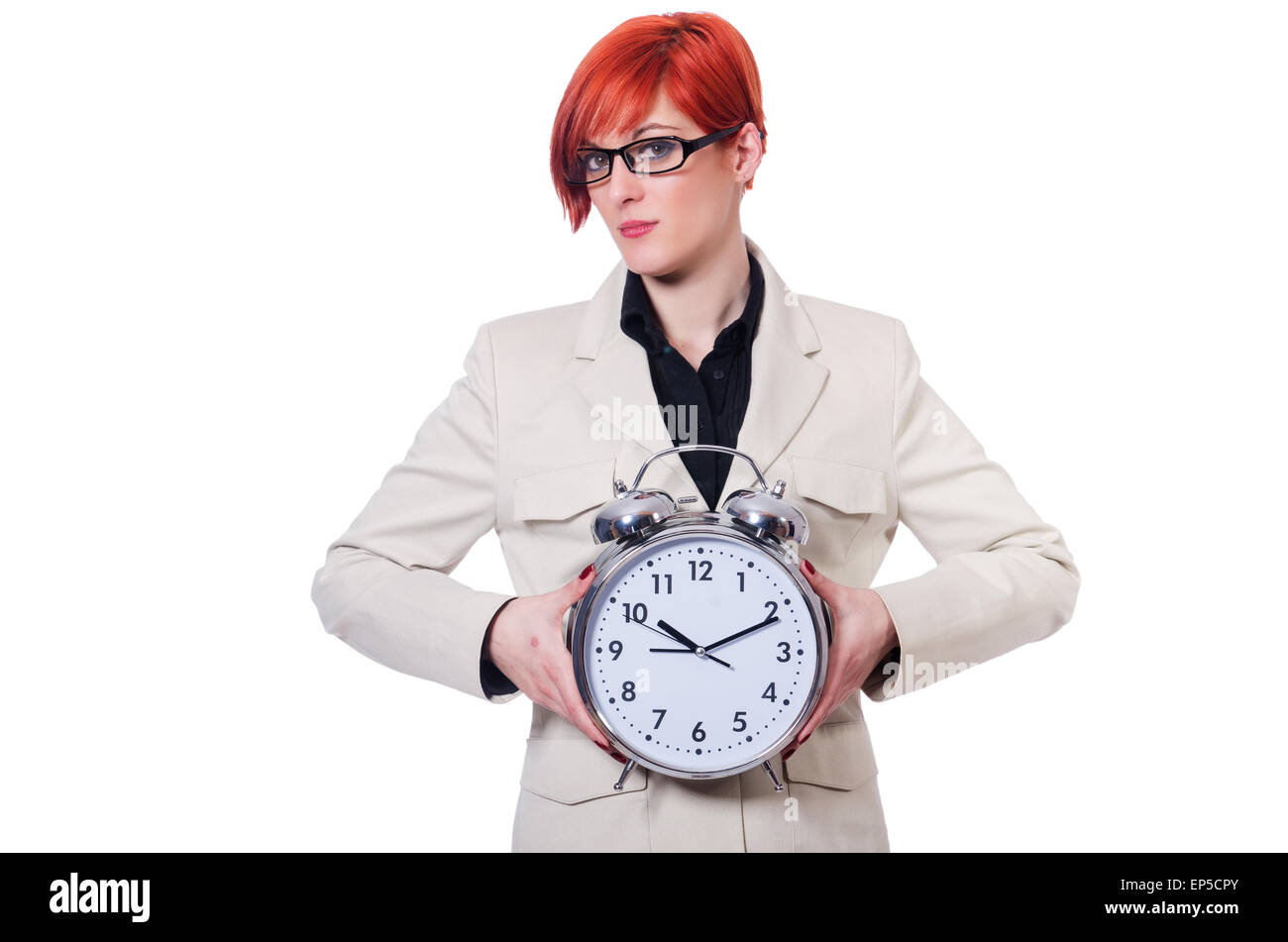 Woman with clock isolated on white Stock Photo - Alamy