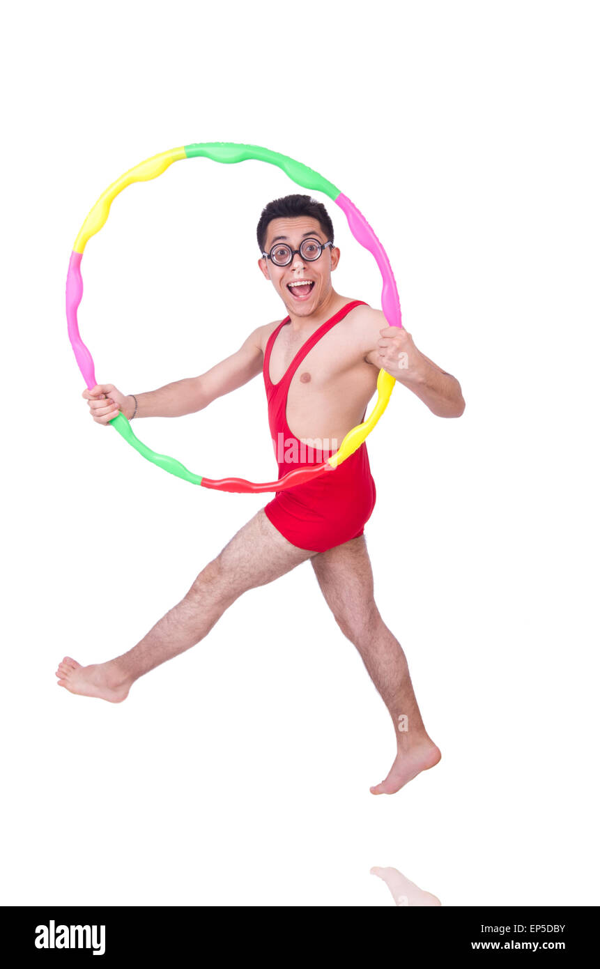 Funny sportsman with hula hoop on white Stock Photo - Alamy