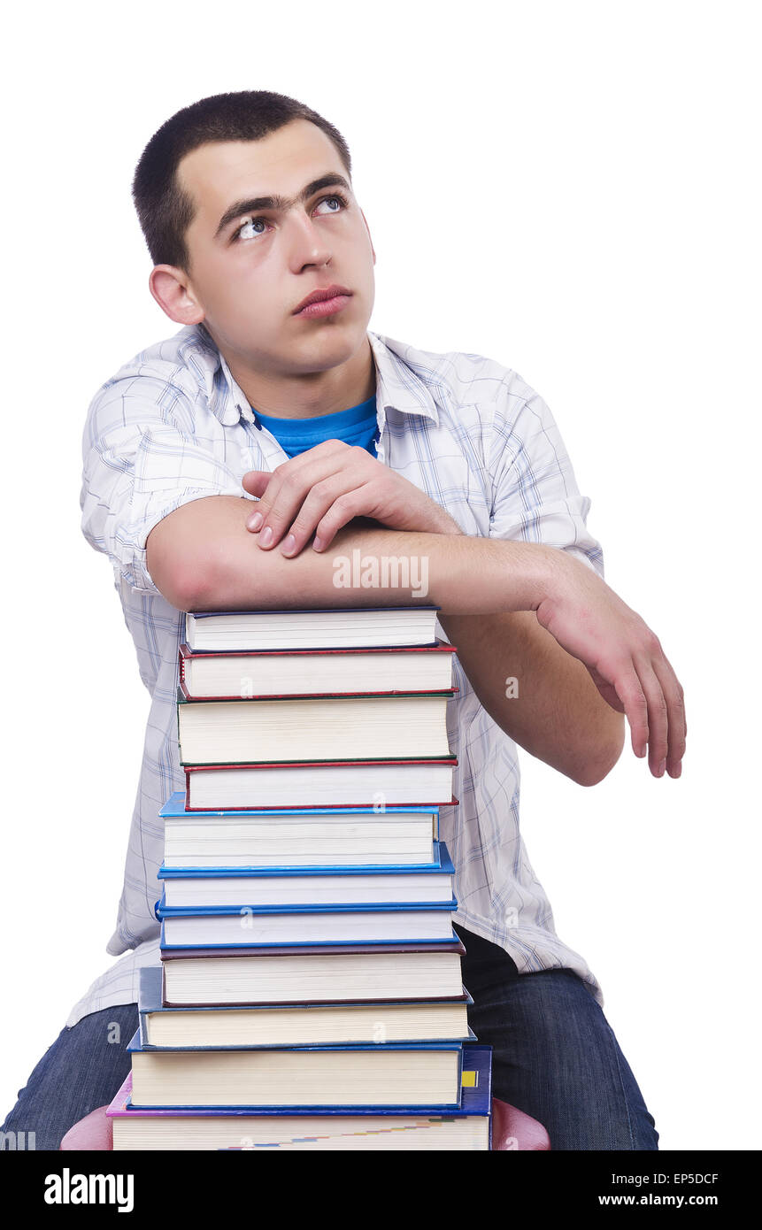 Student with lots of books on white Stock Photo - Alamy