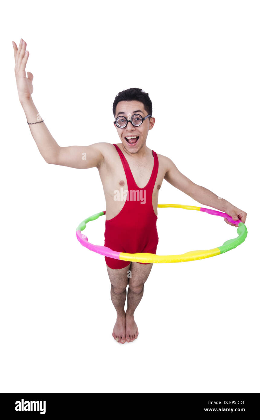 Funny sportsman with hula hoop on white Stock Photo - Alamy