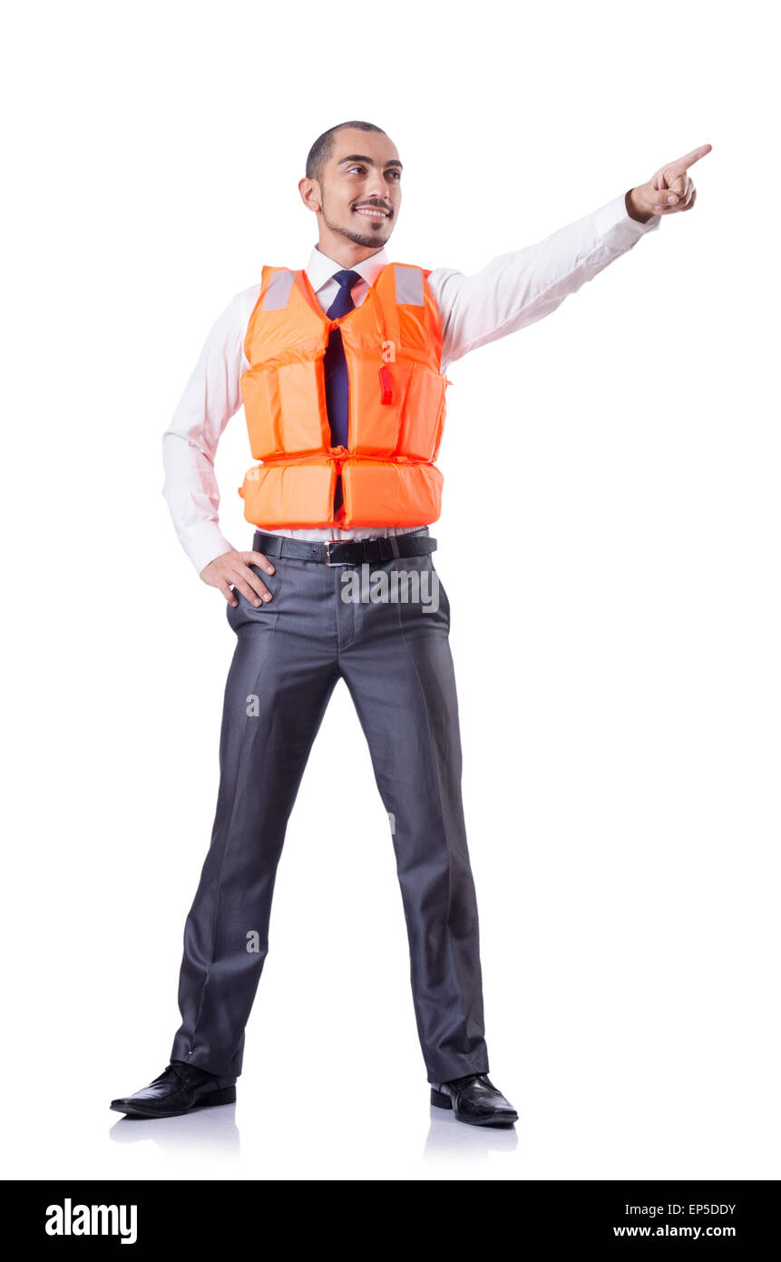 Man in life jacket isolated on white Stock Photo - Alamy