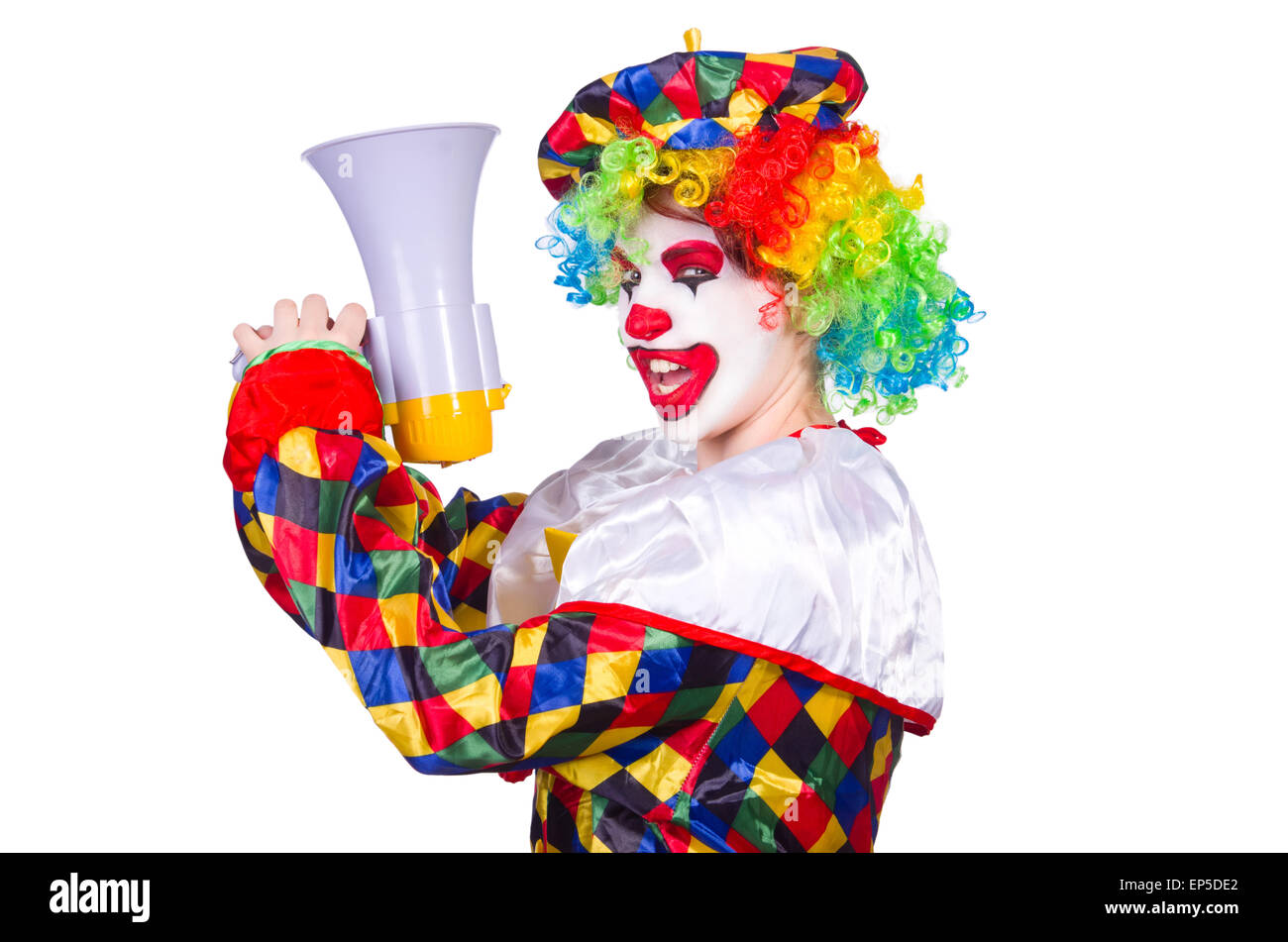 Clown with loudspeaker on white Stock Photo - Alamy