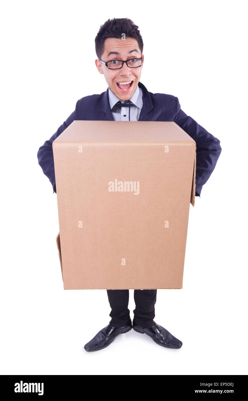 Funny man with box on white Stock Photo - Alamy