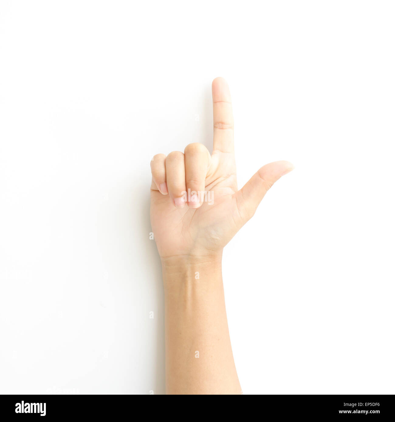 asia woman hands hold sign on a white background Stock Photo - Alamy