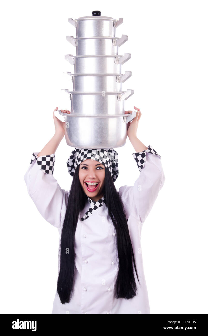 Cook with stack of pots on white Stock Photo - Alamy