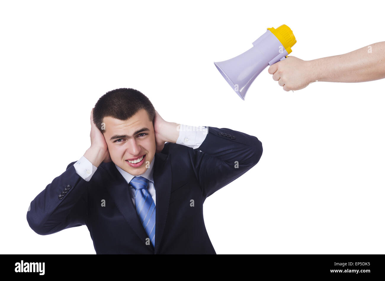 Man with loudspeaker isolated on white Stock Photo - Alamy