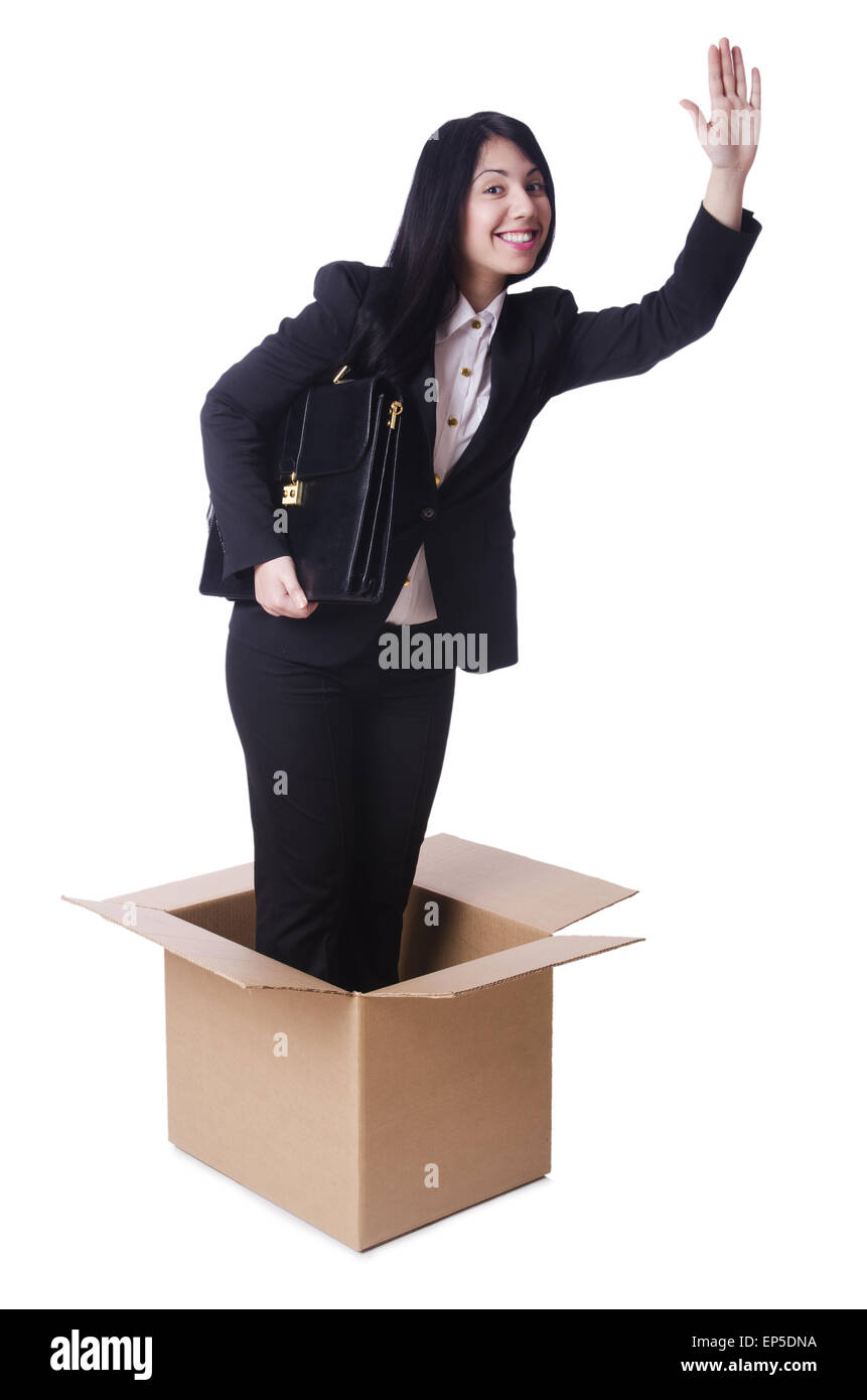 Businesswoman in thinking out of box concept Stock Photo - Alamy