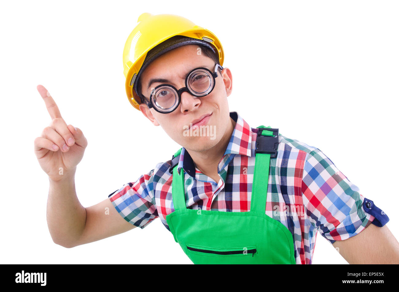 Funny construction worker isolated on white Stock Photo - Alamy