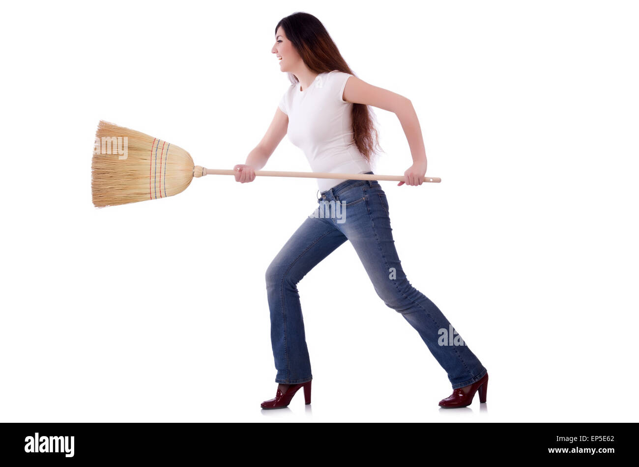 Young woman with broom isolated on white Stock Photo - Alamy