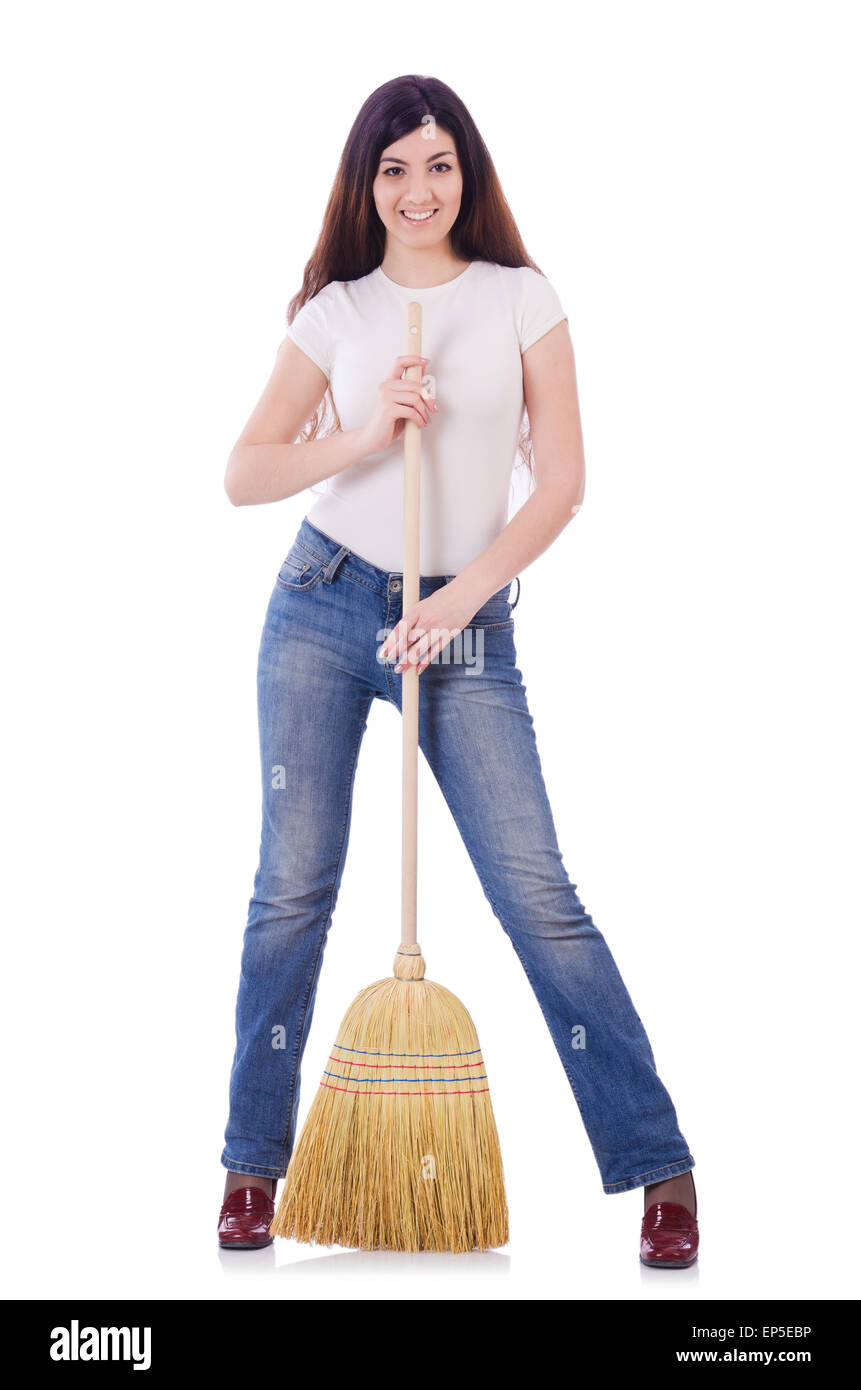 Young woman with broom isolated on white Stock Photo - Alamy