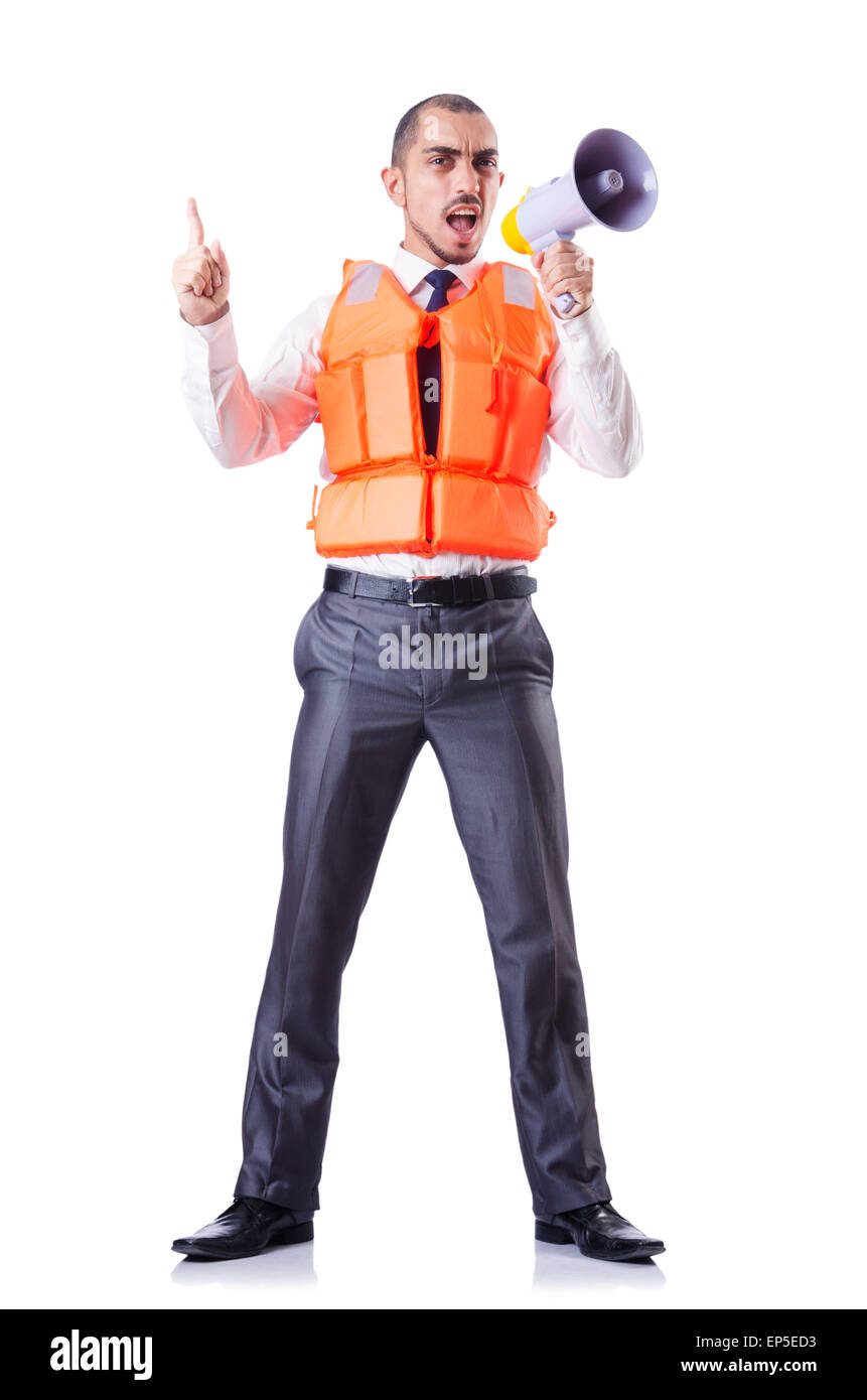 Man in life jacket isolated on white Stock Photo - Alamy