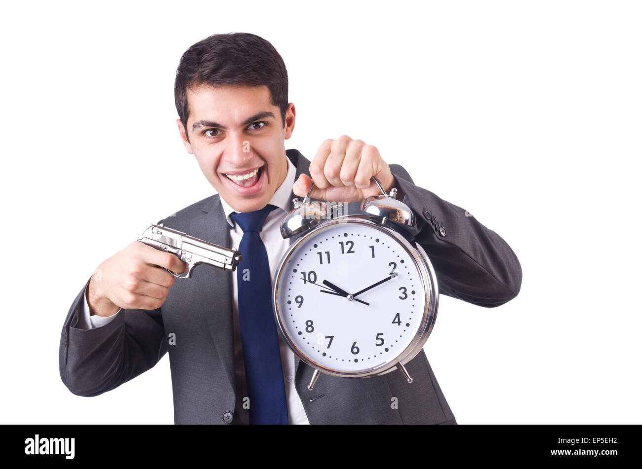 Man with gun and clock on white Stock Photo - Alamy