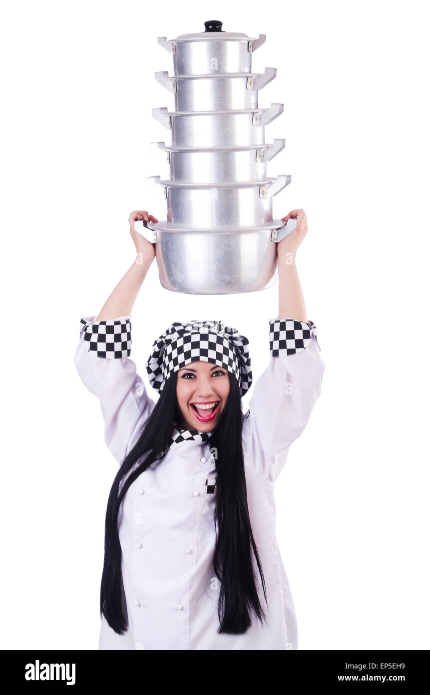 Cook with stack of pots on white Stock Photo - Alamy