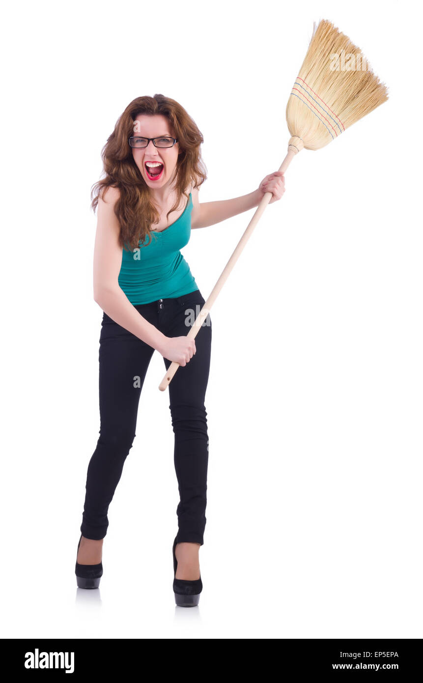 Young woman with broom isolated on white Stock Photo - Alamy