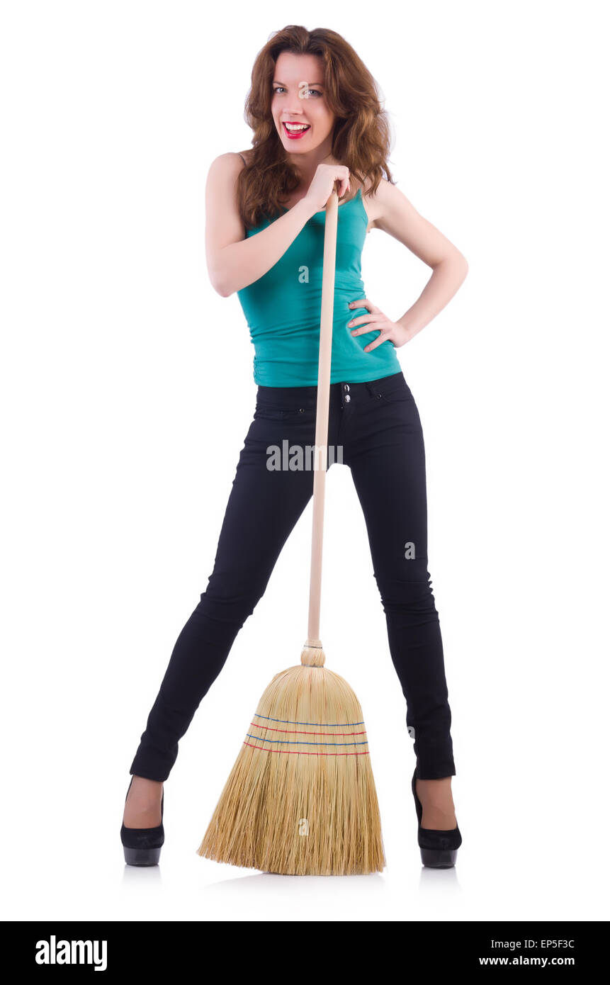 Young woman with broom isolated on white Stock Photo - Alamy